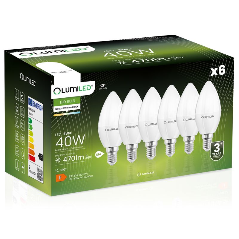 Żarówka LED LUMILED E14 B35 5W 470lm 4000K 180st 6 szt. | Majsterkowanie w Castoramie