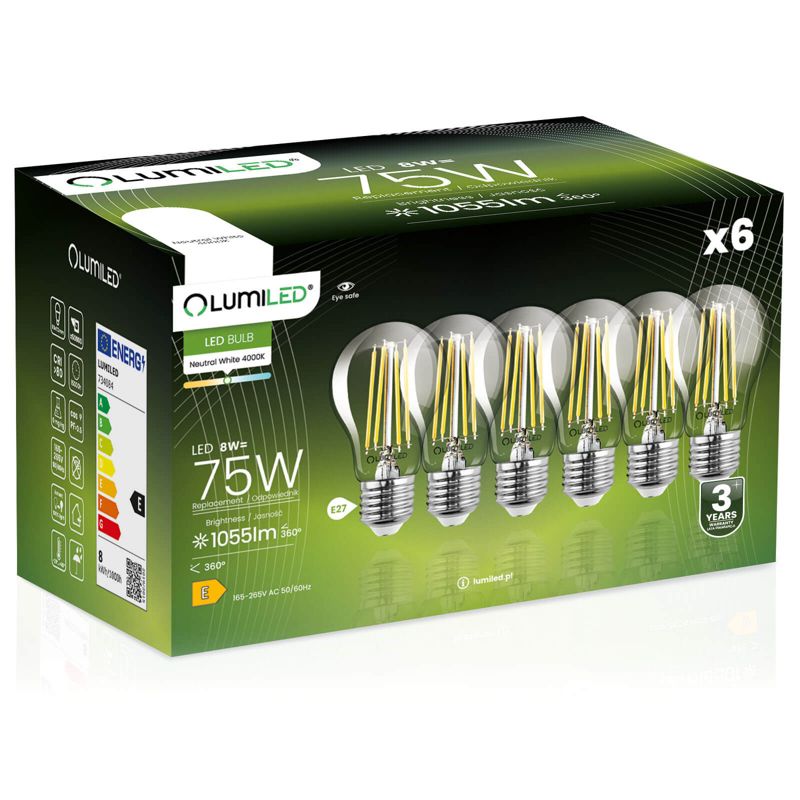 Żarówka LED LUMILED E27 A60 8W 1055lm 4000K 360st FILAMENT 6 szt. | Majsterkowanie w Castoramie