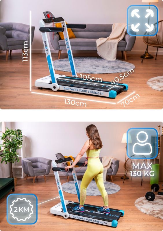 Bieżnia elektryczna THUNDER RACE-WHITE 14 km/h pod łóżko 130 kg ...