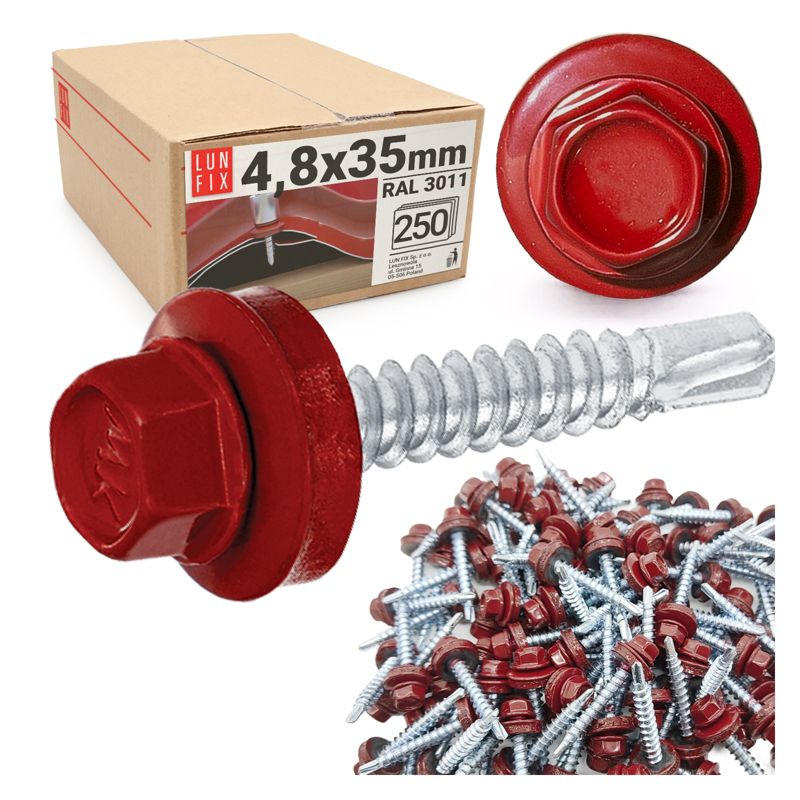 Blachowkręty Lun Fix wkręty farmerskie 4,8x35mm RAL311 czerwony 250szt.