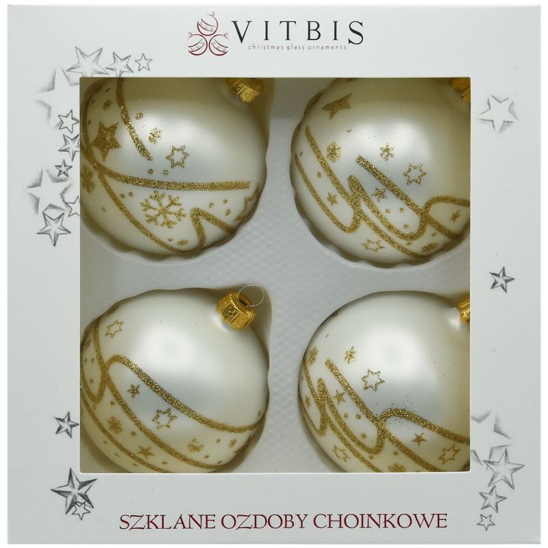 Bombki szklane Vitbis dekorowane proste 80 mm białe 4 szt.