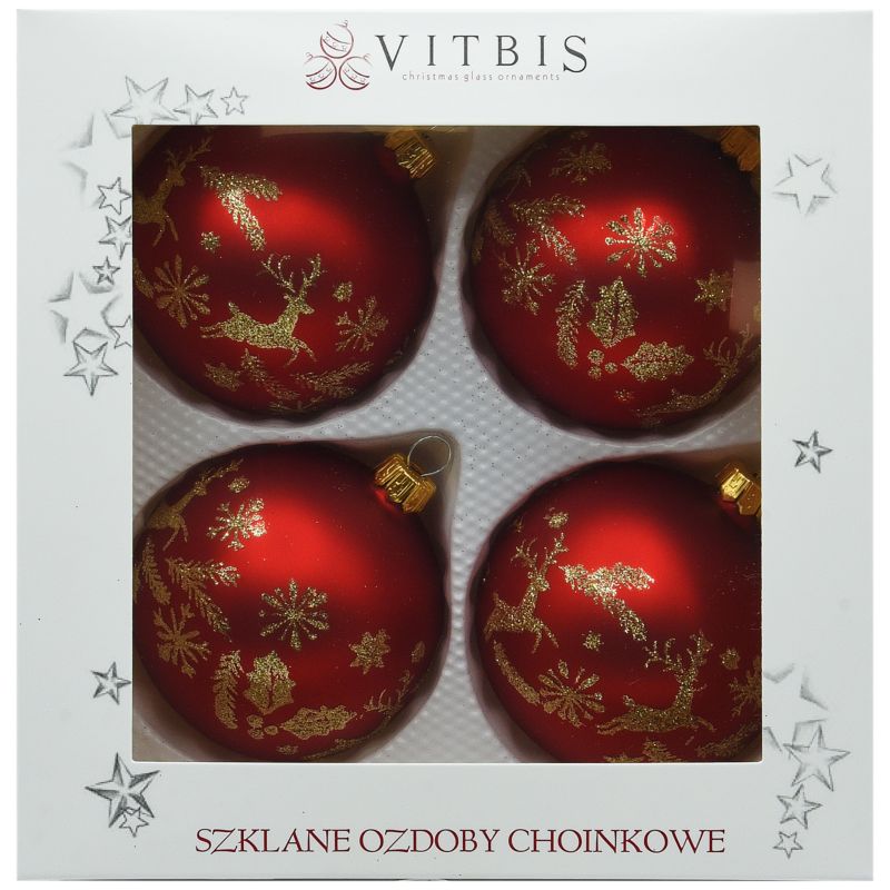 Bombki szklane Vitbis dekorowane proste 80 mm czerwony mat 4 szt.