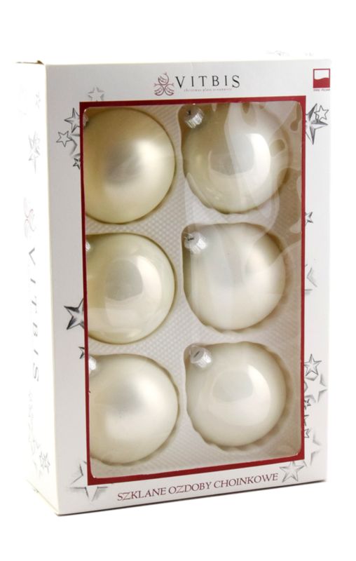 Bombki szklane Vitbis gładkie 80 mm białe 6 sztuk