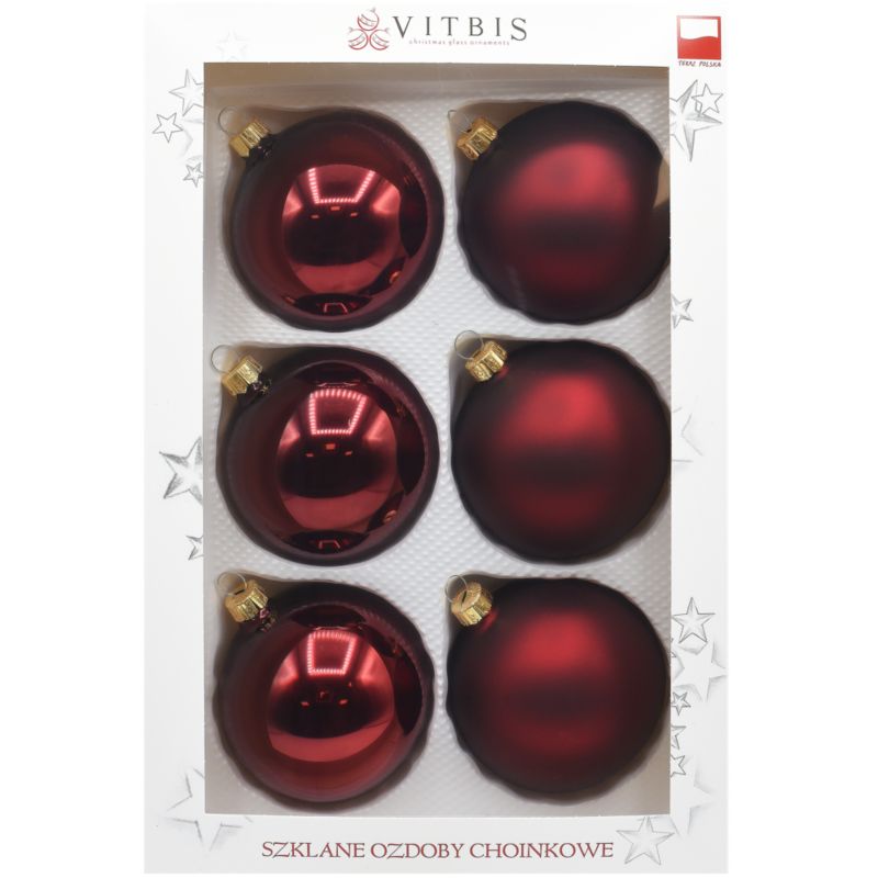 Bombki szklane Vitbis gładkie 80 mm bordowe 6 szt.