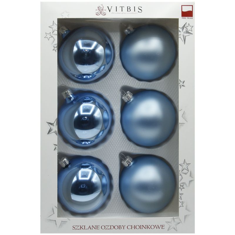 Bombki szklane Vitbis gładkie 80 mm niebieskie 6 sztuk