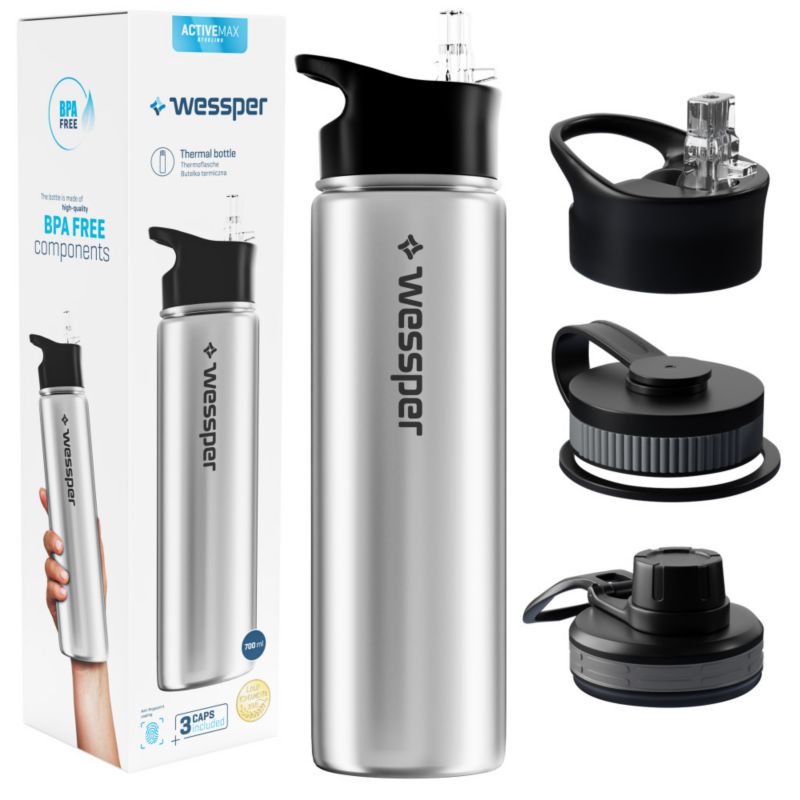 Butelka termiczna, Wessper, termos, 700ml, z 3 nakrętkami, stal nierdzewna, srebrna, 1szt ...