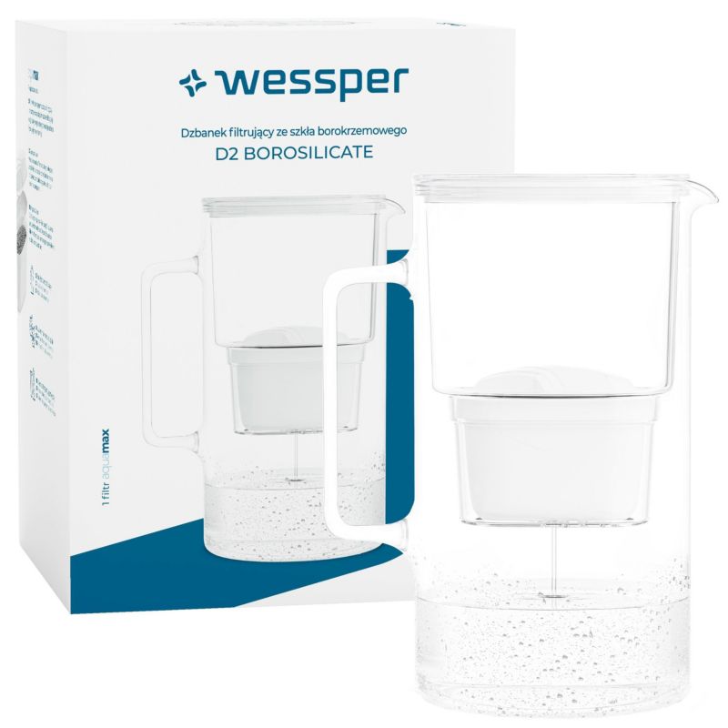 Dzbanek filtrujący wodę 3l, Wessper, szklany, biały + 1 filtr do wody ...