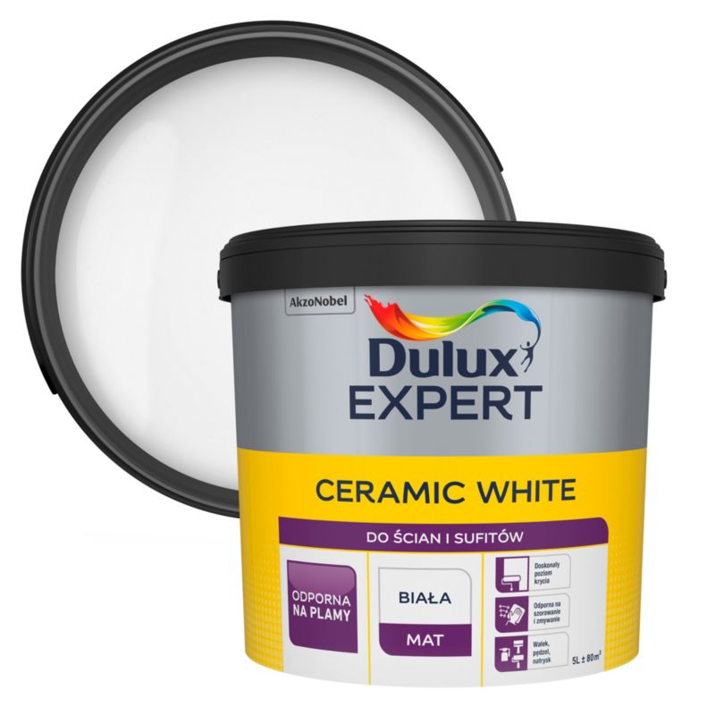 Farba ceramiczna plamoodporna Dulux Expert biała 5 l | Majsterkowanie w Castoramie
