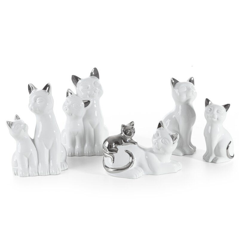 Figurka dekoracyjna Cat 1 Koty Eurofirany 14 x 12 x 22 cm biała srebrna ...