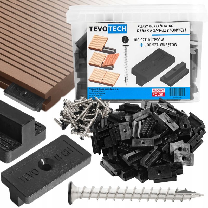 Klipsy montażowe + wkręty do desek kompozytowych i drewnianych TEVOTECH 100x100 szt ...