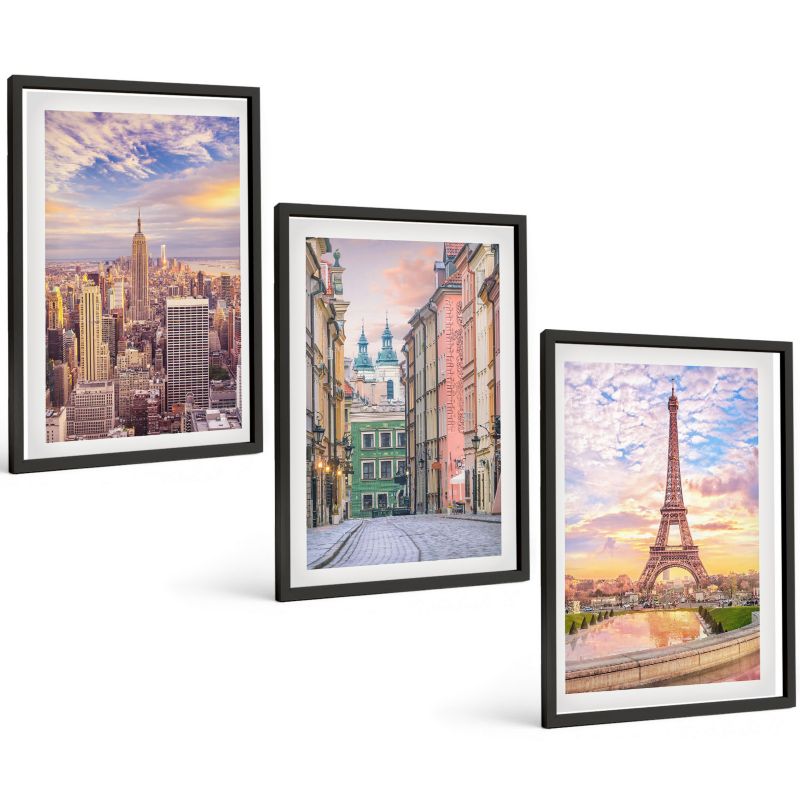 Komplet 3 Obrazów w Czarnej Ramie ArtPrintCave 40x60 cm Grafika Ścienna ...