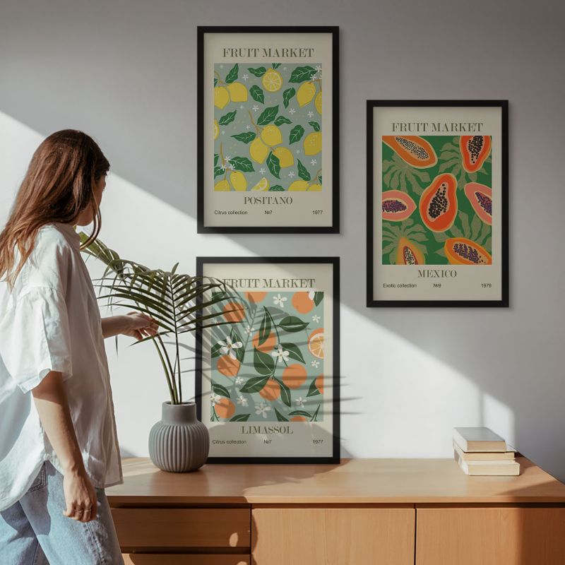 Komplet 3 Obrazów w Czarnej Ramie ArtPrintCave 40x60 cm Grafika Ścienna ...