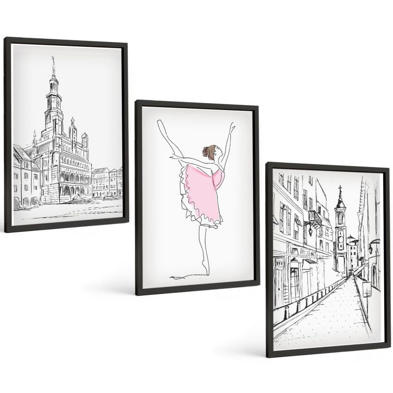 Komplet 3 Obrazów w Czarnej Ramie ArtPrintCave 40x60 cm Grafika Ścienna ...
