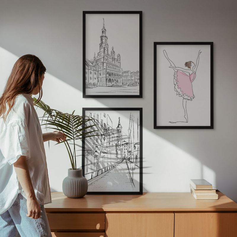 Komplet 3 Obrazów w Czarnej Ramie ArtPrintCave 40x60 cm Grafika Ścienna ...