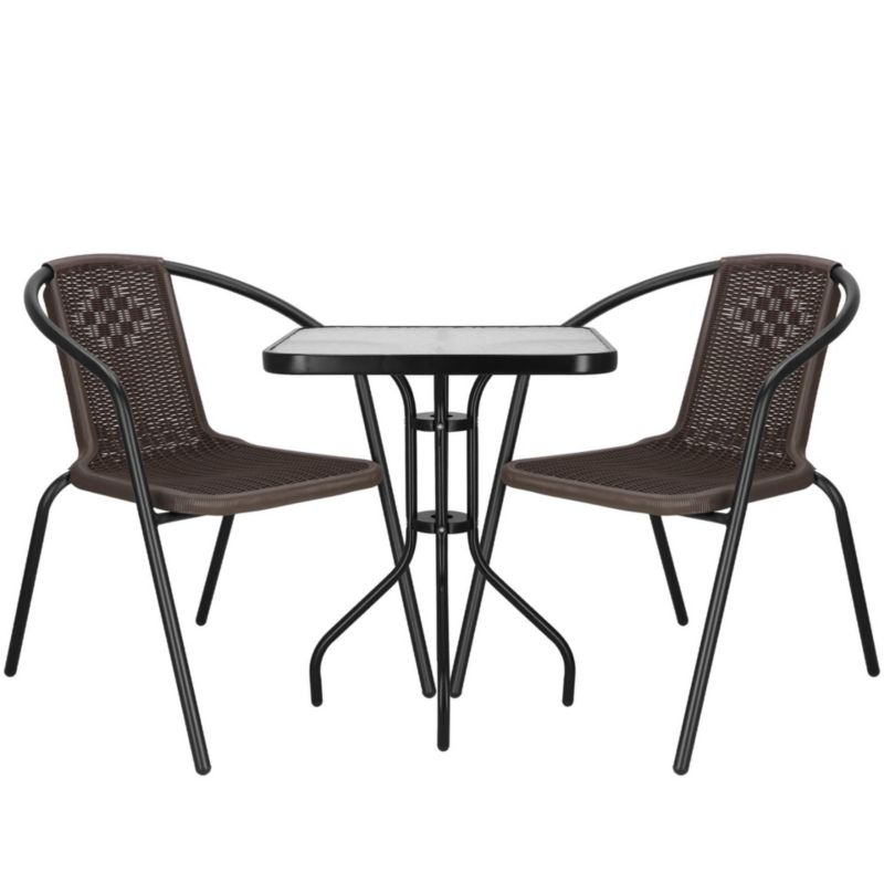 Meble na balkon Springos stolik kawowy z kwadratowym blatem z szkła hartowanego, 2 krzesła ...