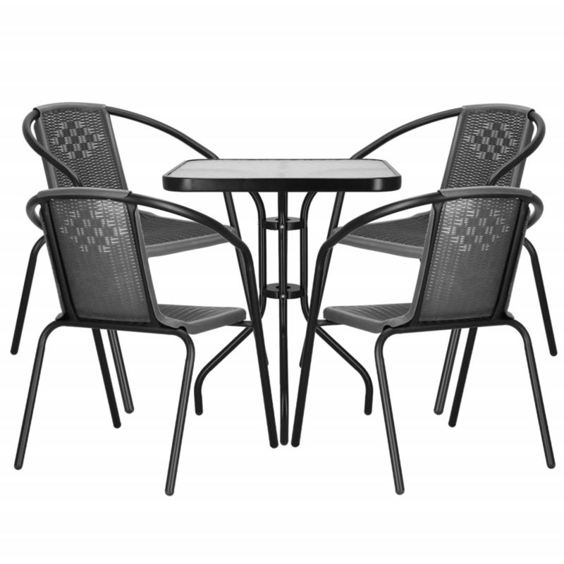 Meble na balkon Springos stolik kawowy z kwadratowym blatem z szkła hartowanego 4 krzesła ...