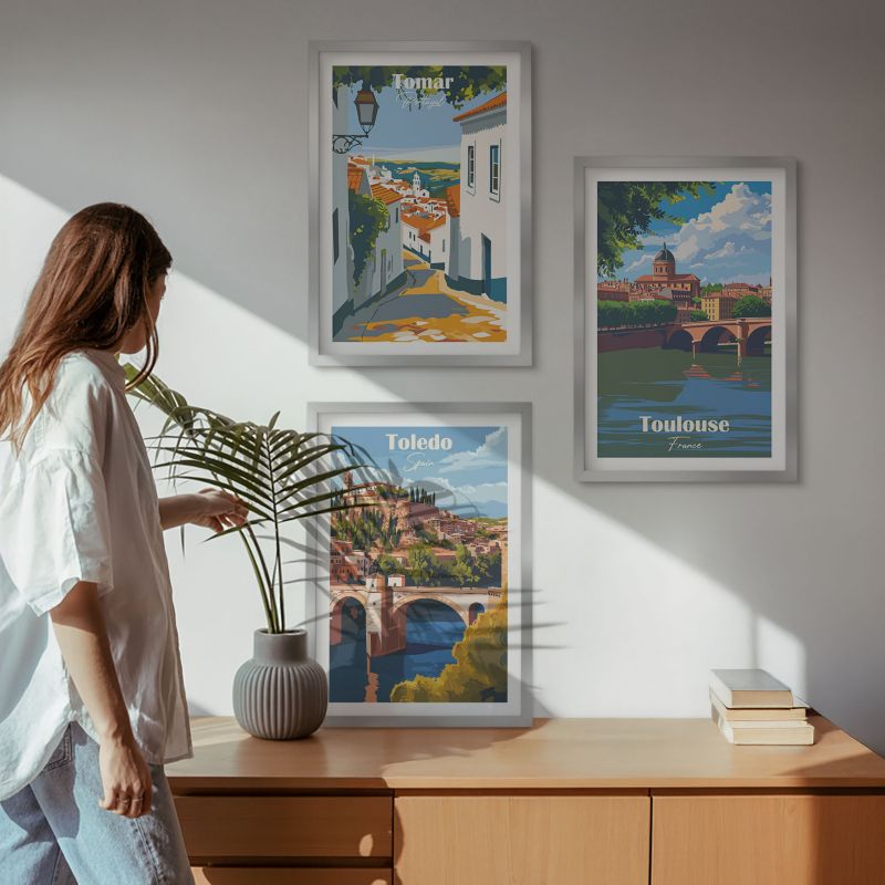 Obrazy Do Sypialni Wallfluent Grafiki miast w stylu retro Srebrna rama ...