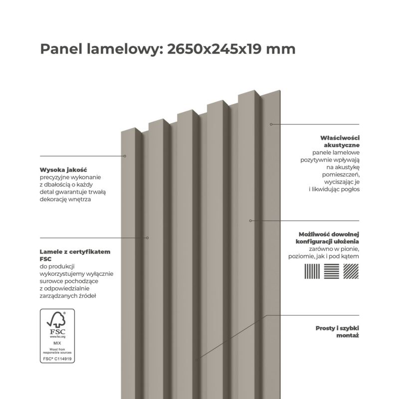 Panel lamelowy ścienny Stegu Linea Select MDF 265 x 24 cm kaszmir / kaszmir