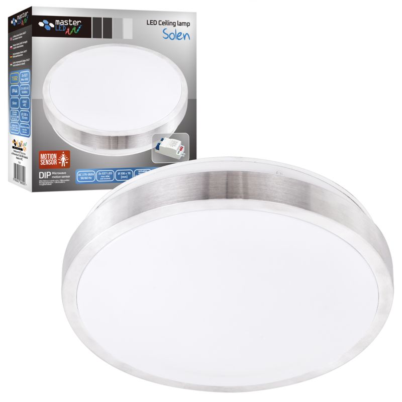 Plafon MasterLED Solen Okrągły 2xE27 z czujnikiem ruchu DIP IP44 Srebrny 1 szt. | Majsterkowanie ...