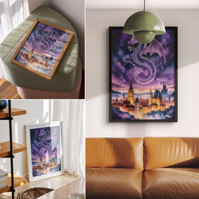 Plakat na Ścianę Tulup 42x59,4 cm (A2) Smok i zamek Do sypialni, salonu ...
