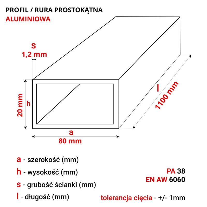 Profil Aluminiowy GAL-INDUSTRIAL 80x20x1,2 mm 110 cm Rura Prostokątna ...