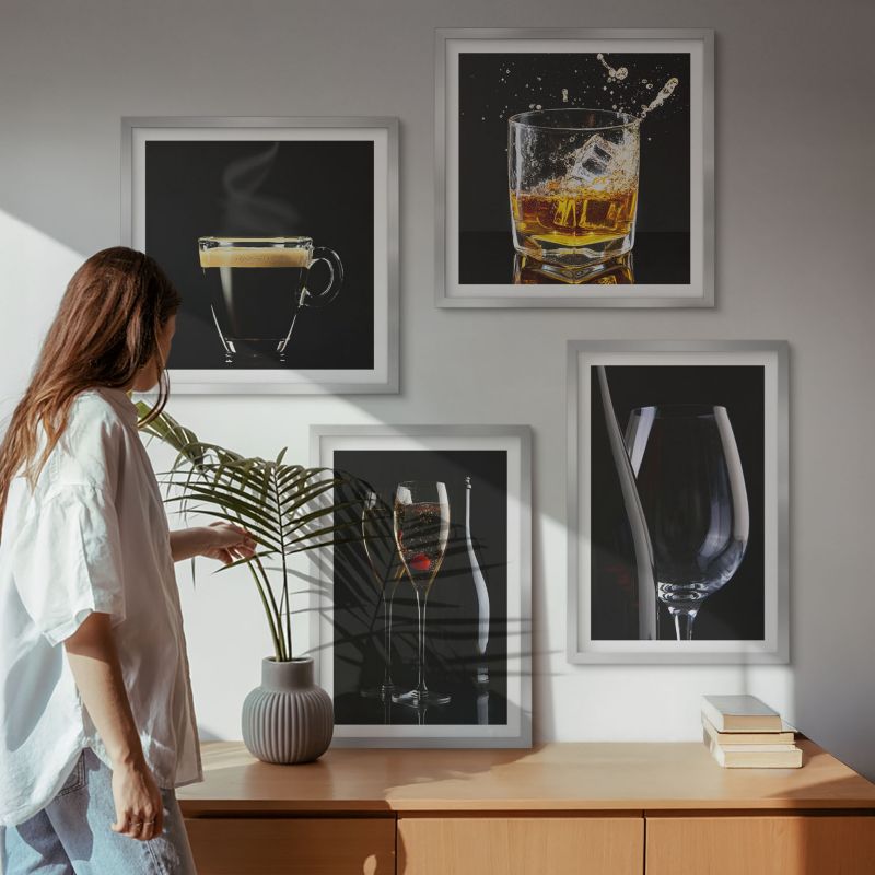 Set Obrazów w Ramie Wallfluent Whisky wino szampan kawa alkohol Srebrna ...
