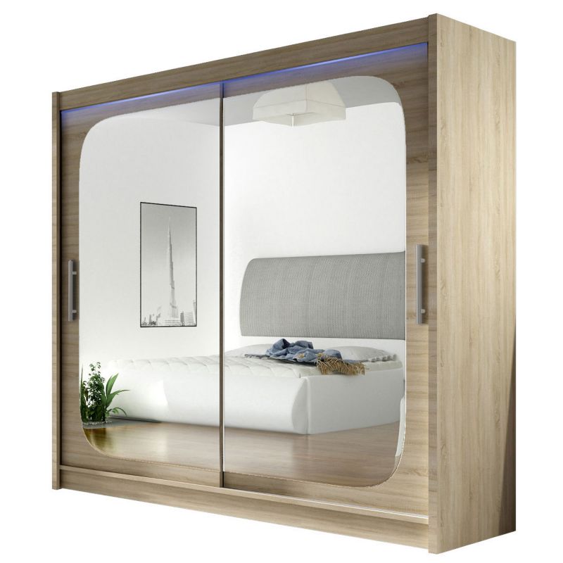 Szafa MIRJAN 24 z drzwiami przesuwnymi London VIII z oświetleniem RGB dąb sonoma/lustro 1 szt ...