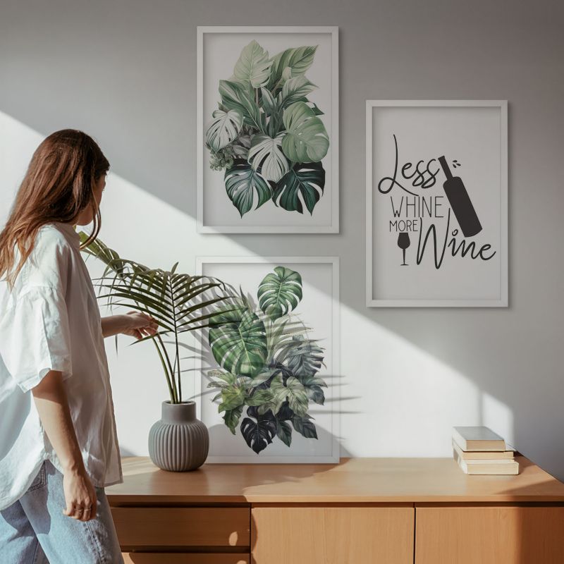 Trzyczęściowy Zestaw Obrazów ArtPrintCave 40x60 cm Biała rama Liście ...