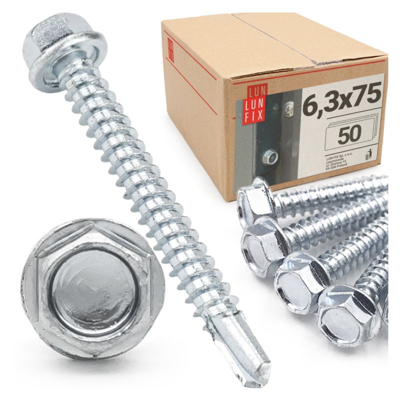 Wkręty do metalu Lun Fix samowiercące z łbem na klucz 6,3x75mm 50szt.