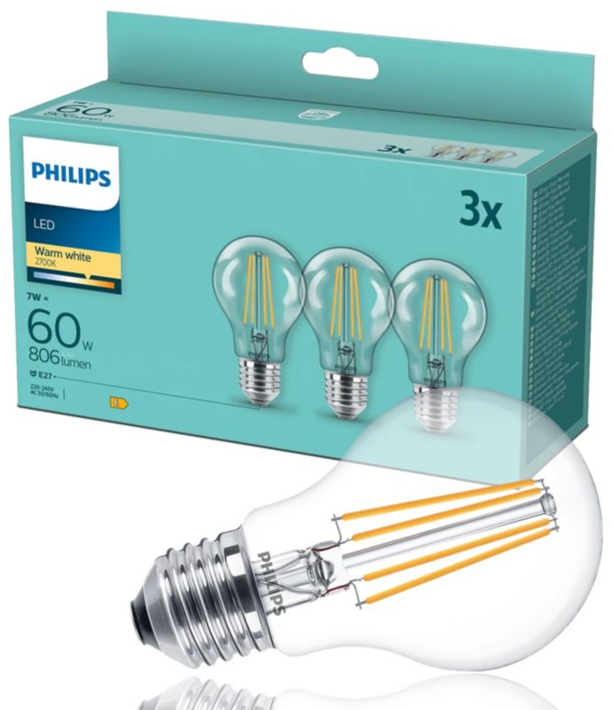 Zestaw 3x żarówka LED Philips classic 60W A60 E27 WW CL ND3PFDisc 1op. | Majsterkowanie w Castoramie