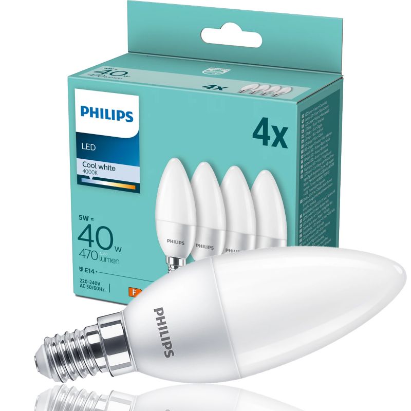 Zestaw 4x żarówka LED Philips 40W B35 E14 CW FR ND 4PF/6 DISC 1op ...