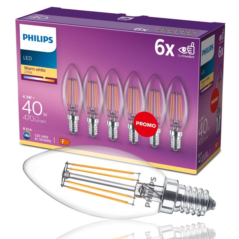 Zestaw 6x żarówka LED Philips classic 40W B35 E14 WW CL ND 6CT/4 1 op ...
