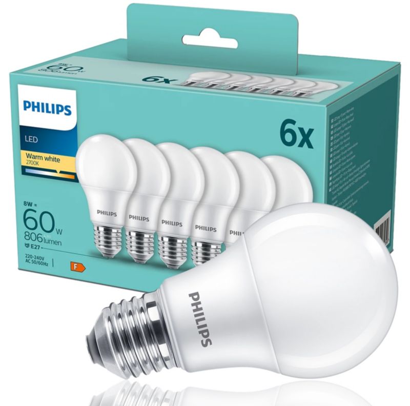 Zestaw 6x Żarówka LED Philips E27 8W -60W 2700K ciepła 806lm A60 1 op ...