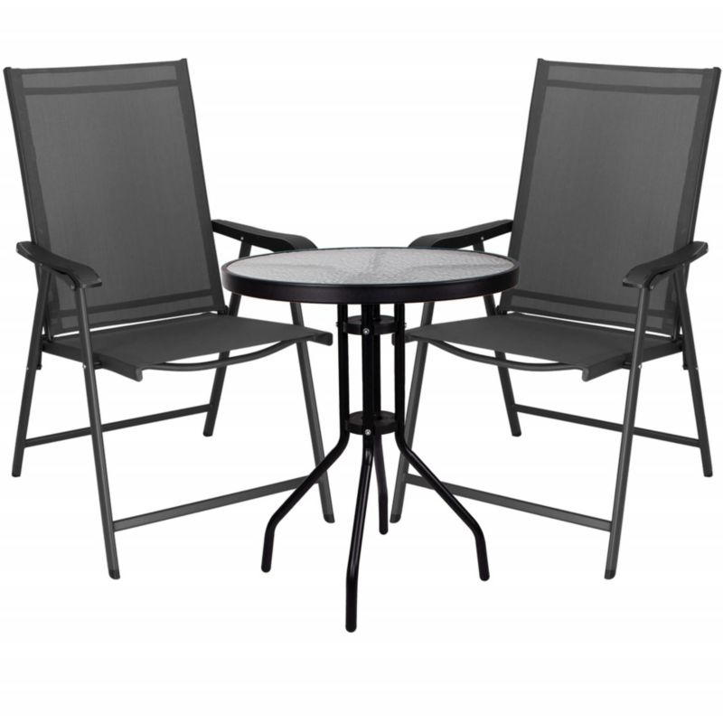 Zestaw mebli ogrodowych Springos stół okrągły i 2 krzesła metalowe komplet na balkon czarno ...