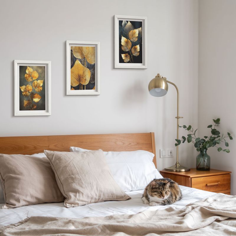 Zestaw obrazów Wallfluent Liście żółte ciemne tło Biała rama 20x30cm 3 szt.