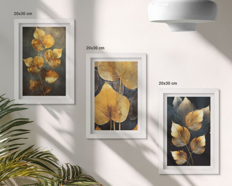 Zestaw obrazów Wallfluent Liście żółte ciemne tło Biała rama 20x30cm 3 szt.