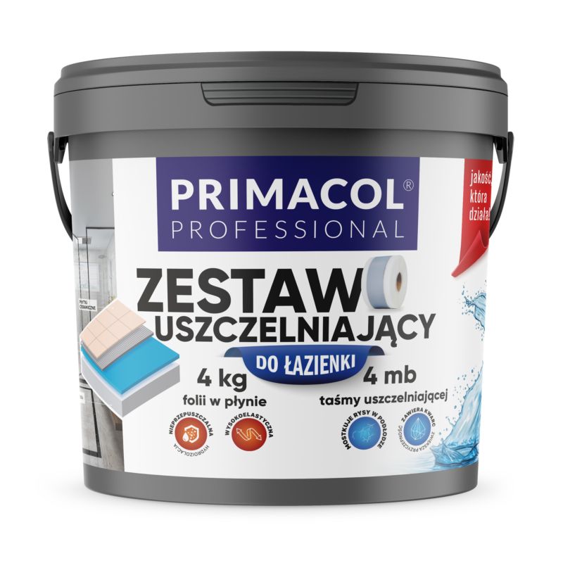 Zestaw uszczelniający Primacol Professional do łazienki 4 kg folii w płynie + 4 m taśmy ...