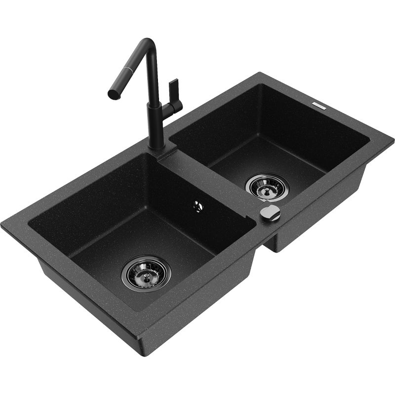 Zlewozmywak granitowy 2-komorowy Mexen Mario z baterią kuchenną Flora ...